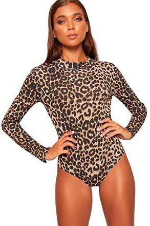 WearAll Femmes Col Roulé Longue Manche Animal Camo Tartan Imprimer Body Dames Collant - Brun Leopard - 48-50