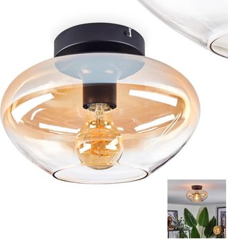 HOFSTEIN Deckenleuchte Mertola, Deckenlampe aus Metall/Glas in Schwarz/Bernsteinfarben/Klar, Leuchte im modernen Retro/Vintage-Design mit Schirm aus Glas (Ø 25