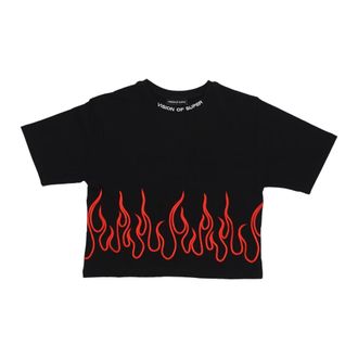 Vision Of Super Besticktes Flammen Crop Tee Schwarz/Rot - - Tops - Damen - Schwarzk - M