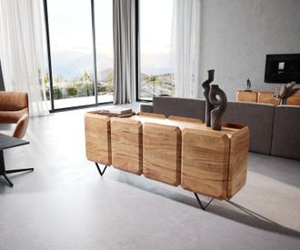 DELIFE Sideboard Kiano 175 cm Akazie Natur 4 T&uuml;ren V-Fu&szlig; Schwarz Raumteiler, Sideboards