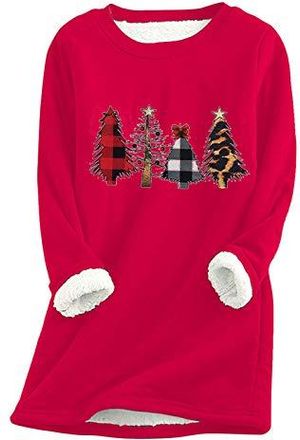 Generic 2026 Sweat-shirt en polaire &eacute;paisse pour femme Imprim&eacute; No&euml;l Velours chaud Col rond Sous-v&ecirc;tements Haut, Rouge, XXL
