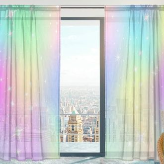 Mnsruu Gardinen für Fenster, Einhorn mit Regenbogen-Mesh, weicher Tüll, Voile-Vorhänge für Wohnzimmer, Schlafzimmer, 140 x 213 cm, 2 Bahnen
