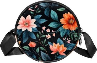 Generic Petit sac &agrave; bandouli&egrave;re circulaire pour femme, motif feuilles florales, sac &agrave; dos avec fermeture &eacute;clair, bretelles r&eacute;glables, sac &agrave; main rond d&eacute;contra