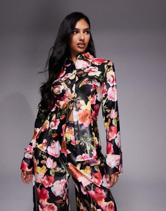 Asos Chemise densemble cintr&eacute;e en similicuir &agrave; imprim&eacute; fleuri-Multicolore