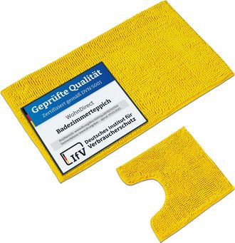 WohnDirect Badematten Set 2 teilig Gelb - WC Vorleger (45x45cm), Badematte (70x120cm) - rutschfest waschbar Badezimmerteppich MIT WC-Ausschnitt