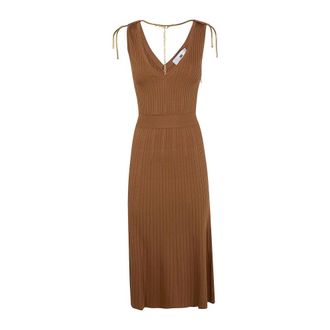 Elisabetta Franchi Rippstrick-Midikleid mit V-Ausschnitt und Ketten-Detail - - Dresses - Damen - Braun - S