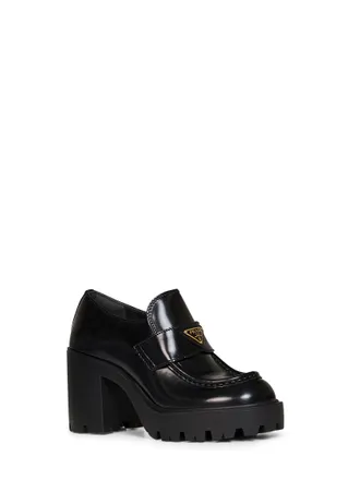 Prada Womens Heeled Loafers Brushed Black Leather