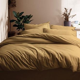 Matt & Rose Parure de lit Unie Coton LAVÉ 2 Personnes | 100% Coton | Oeko-TEX | Housse de Couette 260x240cm + 2 Taies doreiller à Volant 65x65cm | Mixte | Miel