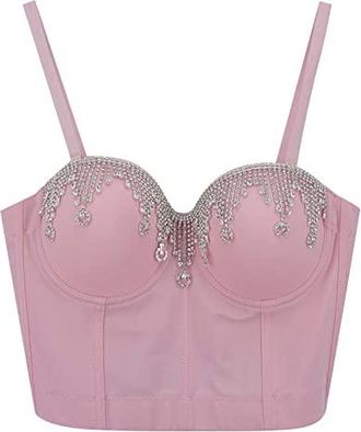 Generic D&eacute;bardeur de club &agrave; strass pour femme avec bretelles scintillantes et sans manches - Chemisier court brillant pour f&ecirc;te de printemps - D&eacute;bardeur &agrave; pai