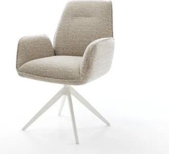 DELIFE Drehstuhl Zoa-Flex Webstoff Soft Beige Kreuzgestell breit Wei&szlig; 360&deg; drehbar Wippfunktion Taschenfederkern, Esszimmerst&uuml;hle