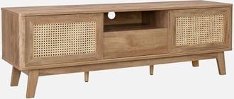 Sweeek Meuble TV Portes coulissantes. casier fermé. étagère décor Bois et cannage 150cm