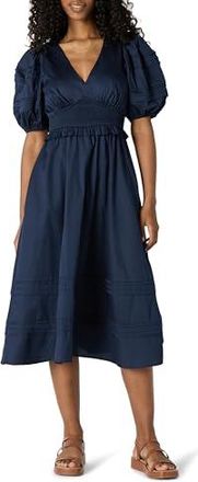 Amazon Essentials Robe Midi Manches Bouffantes en Satin De Coton Coupe Classique Femme, Bleu Marine, XXL