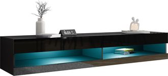 Mirjan24 TV Lowboard Vigo New 180 cm, TV Tische, TV Schrank, Fernsehschrank, H&auml;ngeschrank, Hochglanz (mit Blauer LED Beleuchtung, Schwarz/Schwarz Hochglanz)