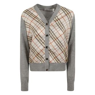 Burberry Femme, Pulls, Gris, Taille: 42 FR Cardigan en laine et soie &agrave; panneau Check