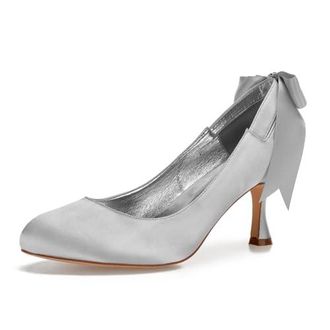 Generic Chaussures De Mari&eacute;e Escarpins pour Femme Satin&eacute;e Talon Moyen Slip-on Rond Chaussures De Mariage De F&ecirc;te 7Cm,Argent,41 EU