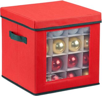Relaxdays Weihnachtskugel Aufbewahrungsbox, für 64 Kugeln, HxBxT: 30 x 30 x 30 cm, Vlies, Pappe, Kugelkiste, rot/grün