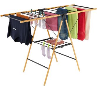 Relaxdays W&auml;schest&auml;nder, klappbar, 2 Ebenen, HBT: 100 x 148 x 56 cm, Bambus & Metall, Fl&uuml;gelw&auml;schest&auml;nder, Natur/schwarz