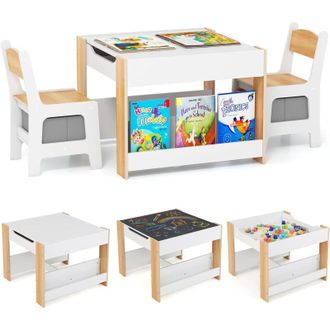 Costway 4 en 1 Table Enfant avec 2 Chaises & Plateau Double Face & Tableau Noir, Table et Chaises en Bois avec 2 Bacs en Tissu & &Eacute;tag&egrave;res &agrave; Livres