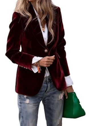 ORANDESIGNE Blazer en Velours pour Femme à Manches Longues OL Bureau Affaires Jackets Élégant Blouson Revers avec Bouton Vintage Manteau B Vin Rouge XXL