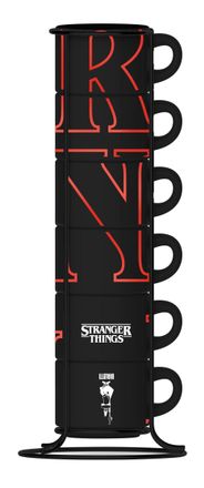 Bialetti Set mit 6 stapelbaren Espressotassen Stranger Things - Leuchtend im Dunkeln, fluoreszierend, nicht spülmaschinengeeignet, je 80 ml, Schwarz