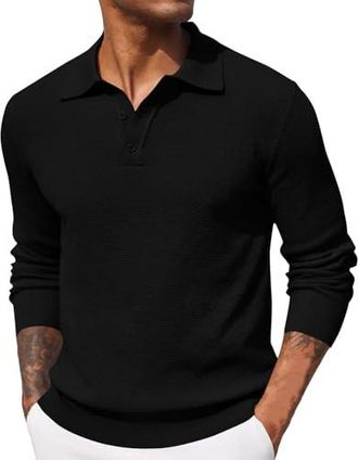 Generic DENGJIAMY Polos &agrave; manches longues pour homme, basiques, d&eacute;contract&eacute;s, avec col &agrave; boutons, tendance, en maille gaufr&eacute;e, pour le golf, M