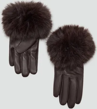 Mango Gants en cuir avec finition en fourrure chocolat - Femme - S - MANGO