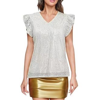 Generic Top femme paillet&eacute; femme top chatoyante &agrave; la mode, manches &agrave; rabat, tee-shirt scintillant, &eacute;l&eacute;gant tunique paillet&eacute;, &agrave; la mode, slim fit, sans manches