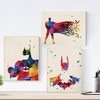 Nacnic Ensemble de trois cadres Batman. Pack daffiches Batman dans un style aquarelle. Impressions du film The Dark Knight Le Chevalier Noir. Format A3, sans