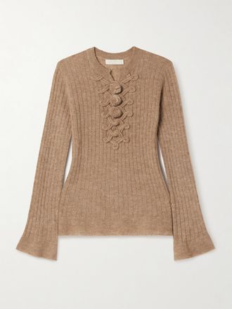 Ulla Johnson Magda Pullover Aus Einer Gerippten Alpakawollmischung Mit Pompons - Braun