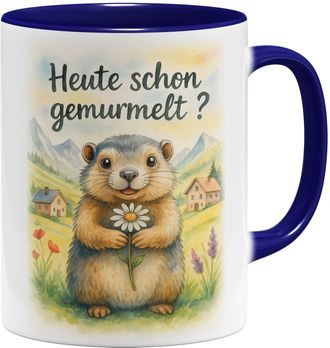 OM3 Lustige Murmeltier Kaffee-Tasse mit Spruch - Heute schon gemurmelt? - Keramik Becher - 325ml - Beidseitig Bedruckt - Dunkelblau