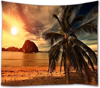 A.Monamour Wandteppich Tropischer Strand Sonnenuntergang Meer Wellen Palme Naturlandschaft Stoff Tapisserie Wandbehang Wanddeko Wandkunst Wandbilder Wandtuch für