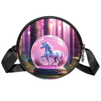 Generic Sac &agrave; bandouli&egrave;re rond pour femme, motif licorne et boule de cristal, petit sac &agrave; bandouli&egrave;re avec fermeture &eacute;clair, bretelles r&eacute;glables, sac &agrave; main r