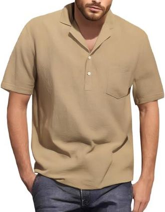 Generic Chemise d&eacute;t&eacute; d&eacute;contract&eacute;e en lin pour homme - En coton et lin - Respirante - &Eacute;l&eacute;gante - Coupe droite - Coupe droite - Pour l&eacute;t&eacute;, kaki, XXL