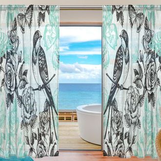 Alaza Durchsichtiger Voile-Vorhang, Rosenvogel, Polyester-Material, f&uuml;r Schlafzimmer, Dekoration, Zuhause, T&uuml;rdekoration, K&uuml;che, Wohnzimmer, 2 Paneele, 213,