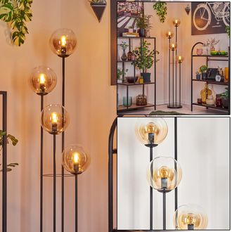 HOFSTEIN Stehleuchte Gastor, Stehlampe aus Metall/Glas in Schwarz/Bernstein/Klar, Leuchte im Retro/Vintage-Design mit Glasschirmen (&Oslash; 15cm) u. Fu&szlig;schalter, 148