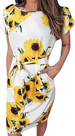 Generic Robes amincissantes &agrave; manches courtes pour femmes, robe tournesol avec poche nou&eacute;e sur le devant, col rond, mini design fin d&eacute;contract&eacute; 2026, blanc, X