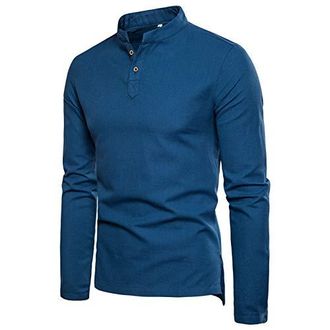 Generic Chemises en lin pour homme grande taille - Chemise noire &agrave; manches longues - Col &agrave; manches longues - T-shirt noir en coton - Haut pour homme, bleu, XX