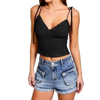 Generic D&eacute;bardeur de sport ample pour femme - Noir - Court - &Eacute;l&eacute;gant - Col en V - Haut d&eacute;t&eacute; sexy - Camisole - Sans manches - En coton - Couleur unie - Haut ba