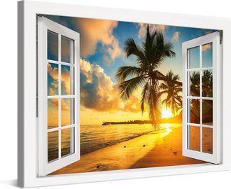 Picanova Leinwandbild 120x80cm Strand Sonnenuntergang Fenster - Leinwanddruck - Wandbild Kunstdruck Auf 2cm Holz-Keilrahmen Für Schlaf- Und Wohnzimmer Wanddeko