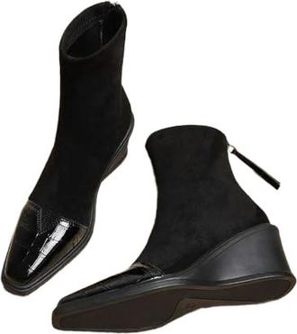 Generic GLDFW Bottines &agrave; talon compens&eacute; &agrave; bout carr&eacute; en daim avec fermeture &eacute;clair arri&egrave;re, Noir, 38.5 EU