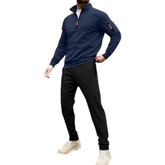 Generic Survêtement athlétique 2 pièces pour homme avec manches longues et col rond et pantalon de jogging en coton mélangé avec poches, F-Noir, XXL