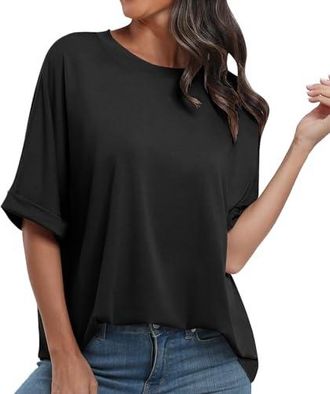 Generic Chemise unie à manches courtes pour femme - Coupe régulière - T-shirt surdimensionné à manches courtes et col rond - T-shirt dété décontracté et ample