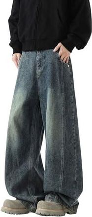 Generic Jean Homme Coupe d&eacute;contract&eacute;e, Jambes Larges, Pantalon en Denim Ample, Style Streetwear, Jean d&eacute;lav&eacute; Hip hop, Bleu, Taille XXL