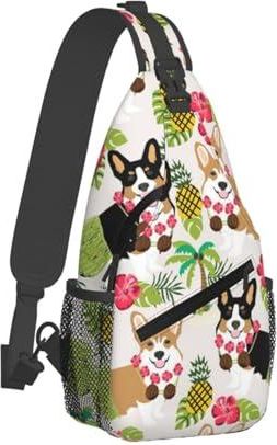 Generic Sacoche Bandouliere Fleur tropicale et corgi L&eacute;ger Sac De Poitrine Durable Sac &agrave; Dos Militaire pour Camping Homme Randonn&eacute;e