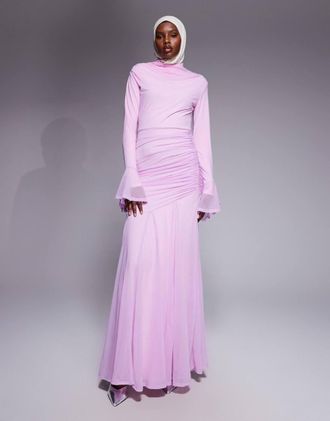 Asos Robe longue fronc&eacute;e en mousseline stretch &agrave; taille drap&eacute;e et manches &eacute;vas&eacute;es - Rose pastel-Orange