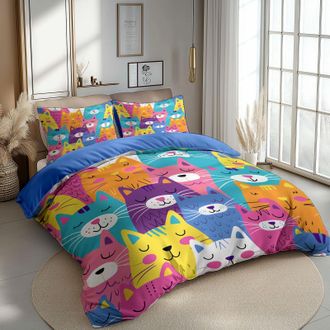 Generic Bettwäsche Set 150 x 200 cm mit 2 Kissenbezügen 80x80 cm, Niedlich Katzenlinie Muster Mikrofaser Bettbezug Blau Bedruckter Kind Erwachsene Bettbezug S