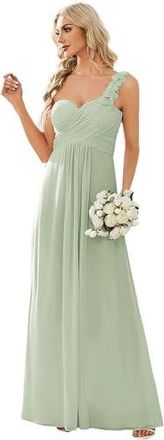 Ever-pretty Robe de Soirée Asymétrique Longue Femme pour Mariage Plissée en Mousseline Fluide Une Bretelle à Fleurs Verte Menthe 44