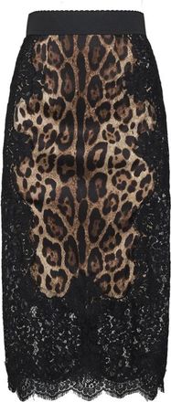 Dolce & Gabbana Femme, Jupes, Multicolore, Taille: 40 FR Jupe Midi en Satin Imprim&eacute; L&eacute;opard avec Inserts en Dentelle