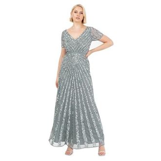 Maya Maxi Womens Ladies Embellished Sequin Dress Long Short Sleeve V Neck High Empire Waist A Cut Shiny Prom Wedding, Robe de Demoiselle dhonneur Femme, Mi