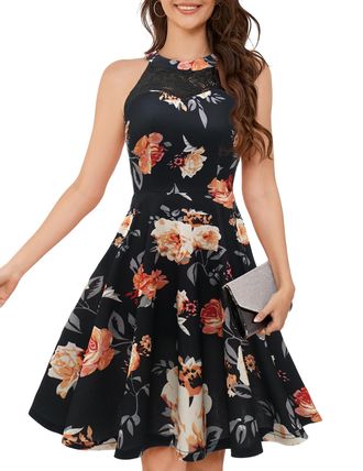 Bbonlinedress Cocktailkleid Damen Sommerkleid Blumendruck Neckholder Festliche Kleider Brautkleid Abendkleider elegant f&uuml;r Hochzeit Black Yellow Rose 2XL